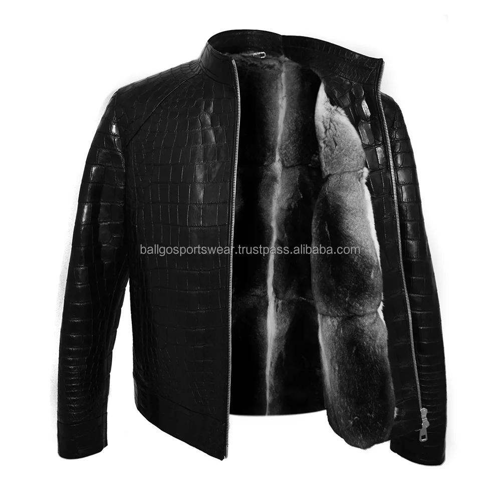 Black Alligator Leather Jacket For Men's Cow-skin Crocodile Embossed ...