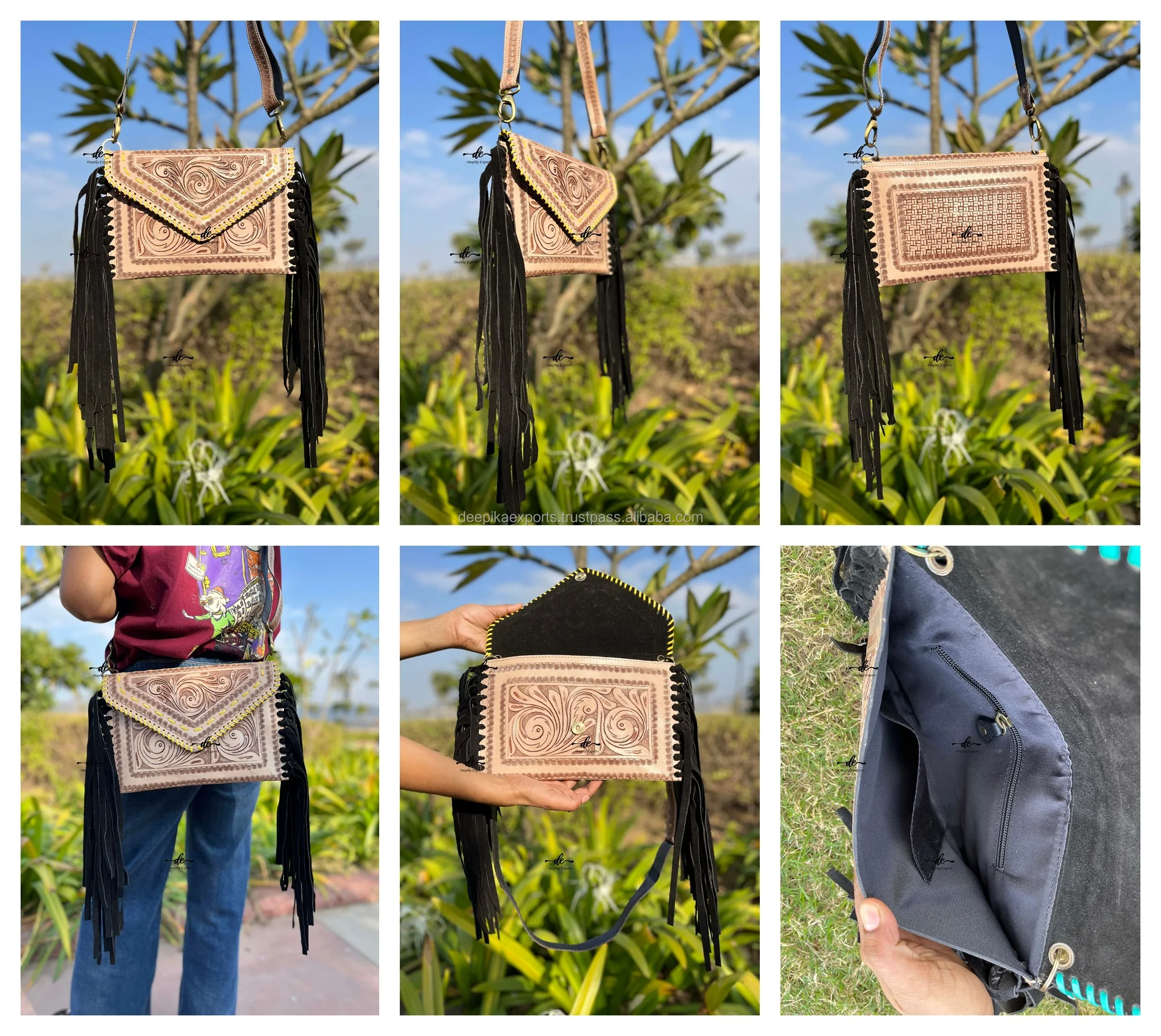 Handmade Hand Tooled Fringe Handbag Real Leather Handmade Carving New ...