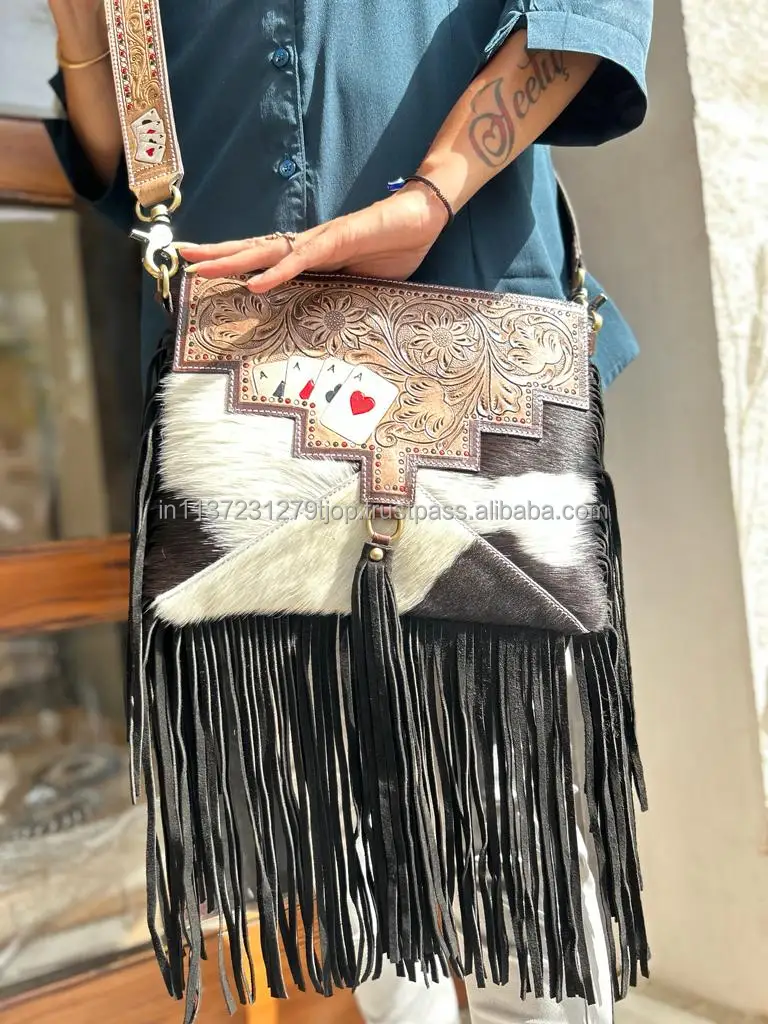 New Western Style Handcrafted Tooled Hair On Hide Fur Leather Fringe ...