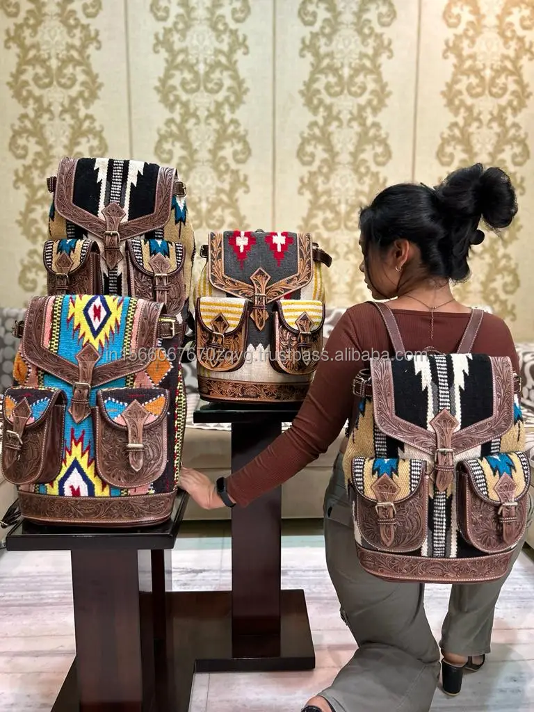 New Real Aztec Tooled Leather Backpack Navajo Saddle Blanket Western ...
