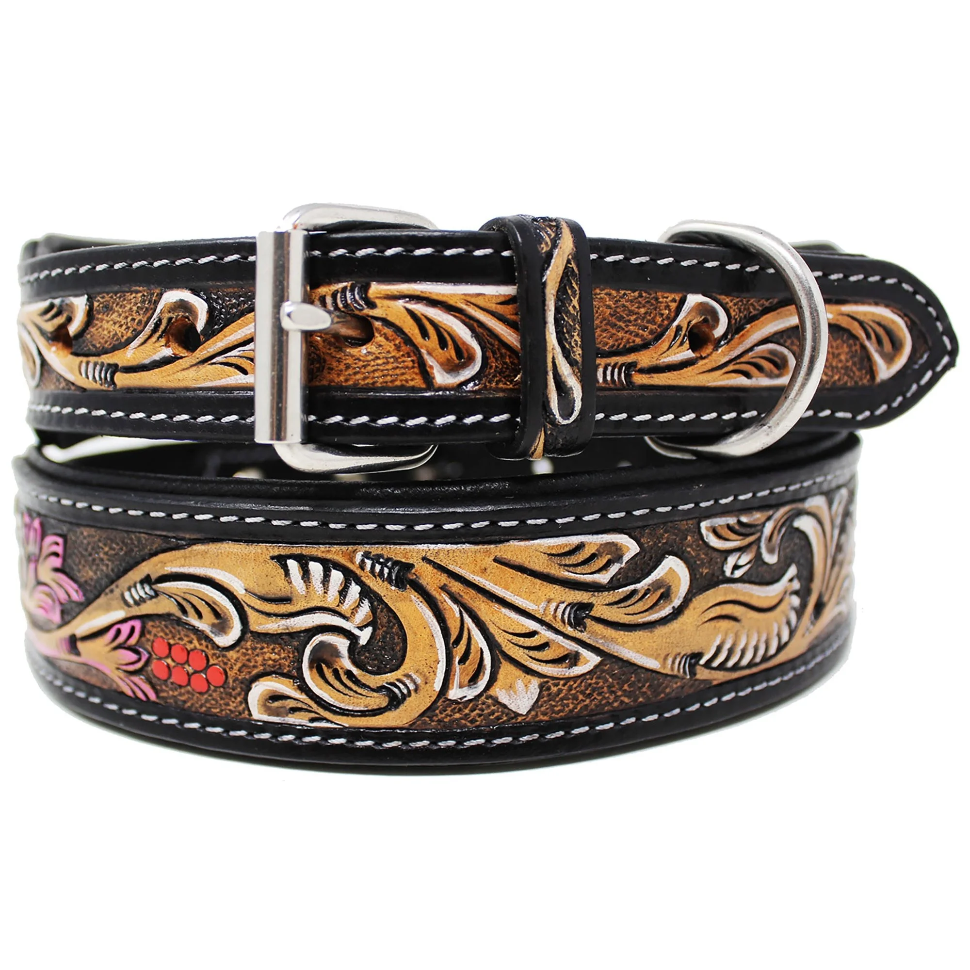 Western Style Hand Tooling & Carving Design Cow Leather Dog Collar With ...