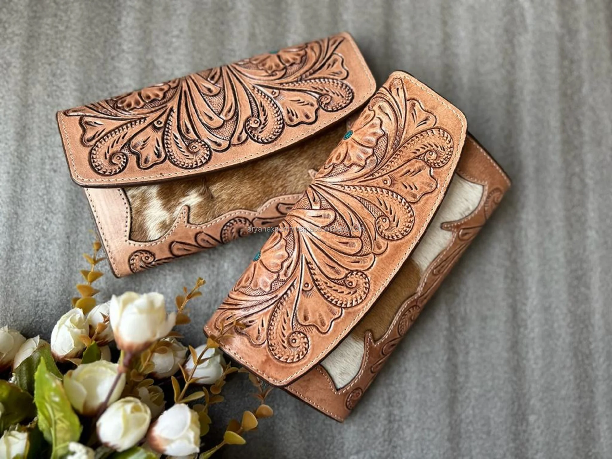 New Design Hand Tooled Carving Wallets Stylish Hair on Cowhide Leather Multi Uses Western ...