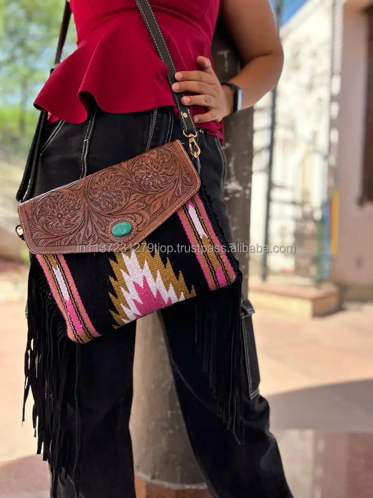 New Innovative Western Aztec Tooled Leather Bag Vintage Colorful ...