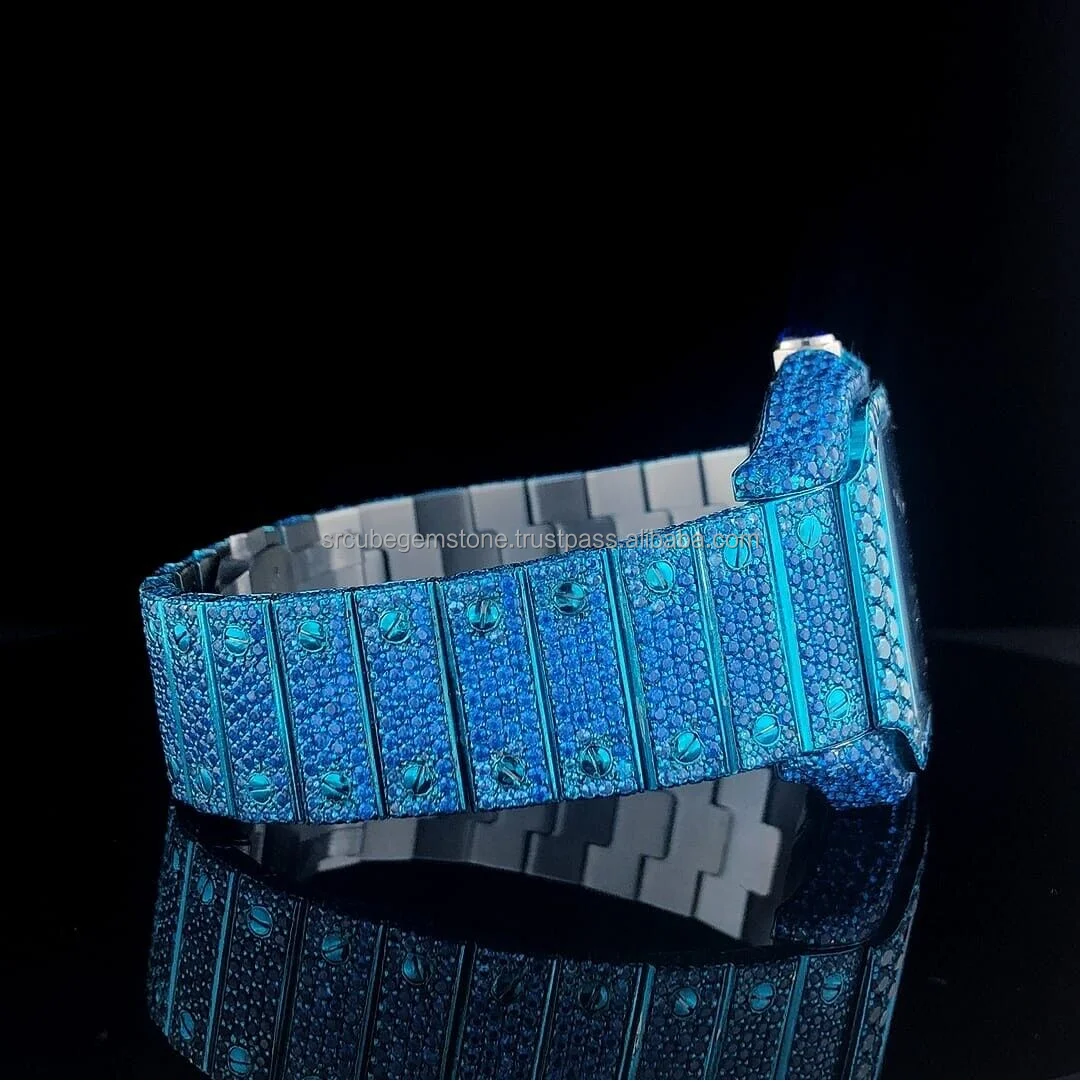 Rappers Hip Hop Luxury Mens Diamond Watch with Stylish Blue Dial