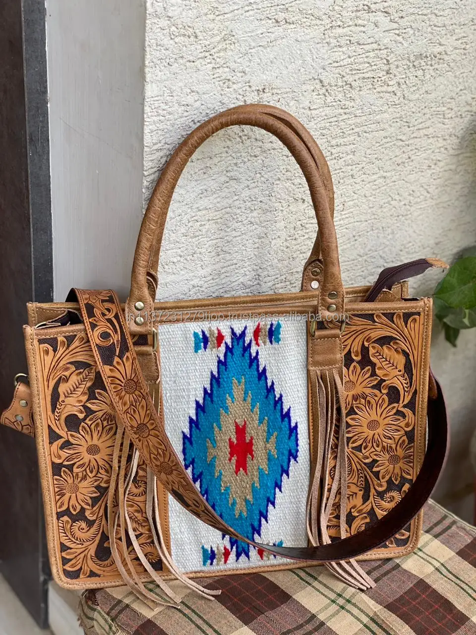 New Real Handmade Tooled Aztec Leather Fringe Tote Bags Women Stylish ...