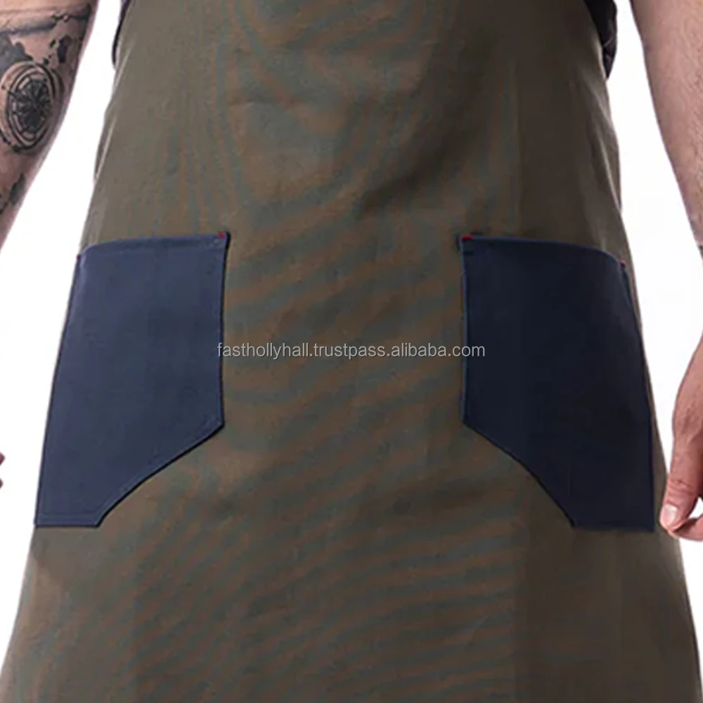 This Apron Features Deep Green Color With Contrasting Blue Pockets And ...