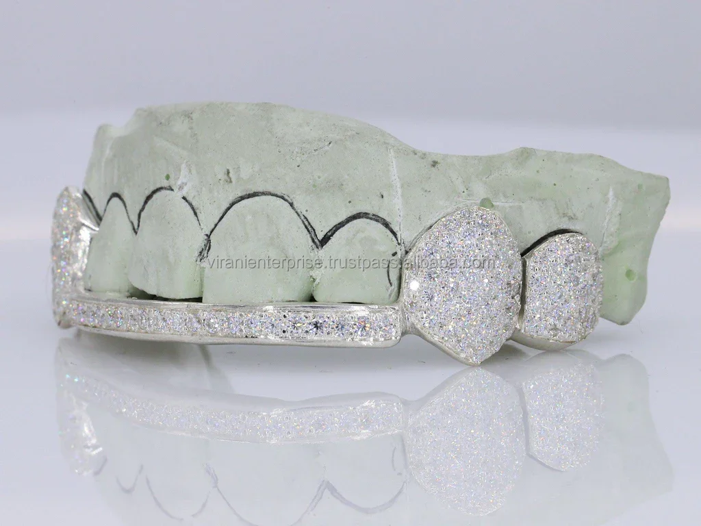 Custom Grillz 8pc With Open Face And Moissanite Diamond Bar (silver/10k ...