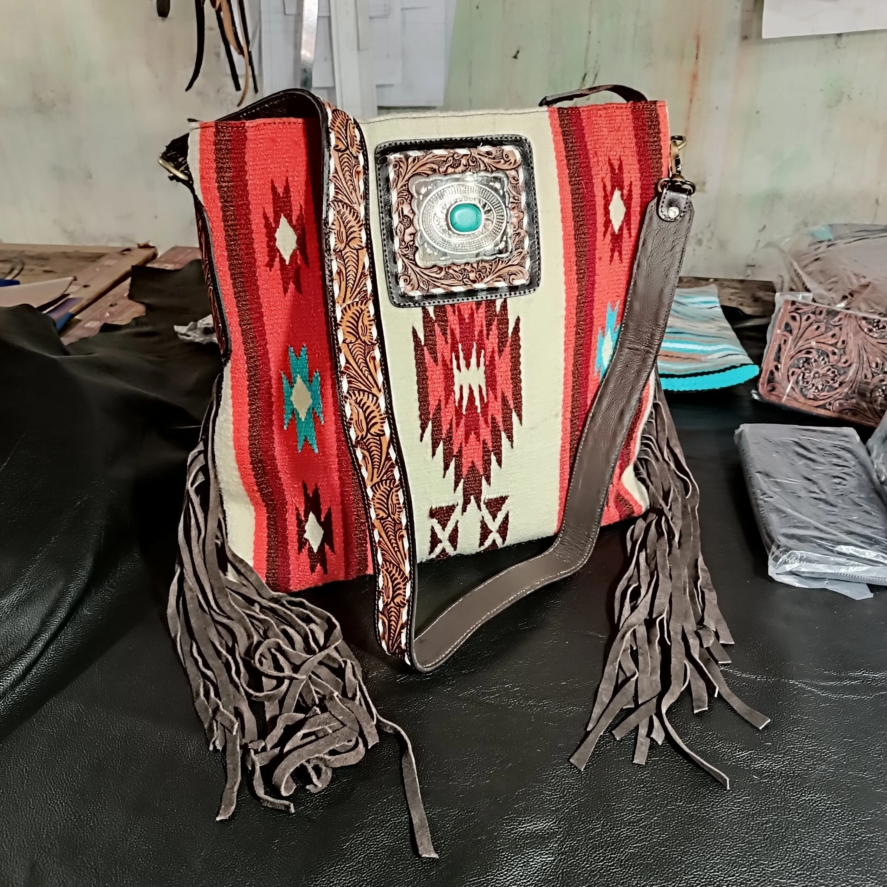 Luxury Design Western Style Fringe Saddle Blanket Concho Crossbody Bag ...