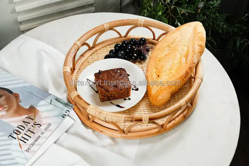 DHT Boho Breakfast Serving Tray Handicraft Round Wood Rattan Basket ...