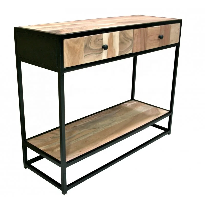 Solid Acacia Wood And Black Metal Finish Console With Two Huge Storage ...
