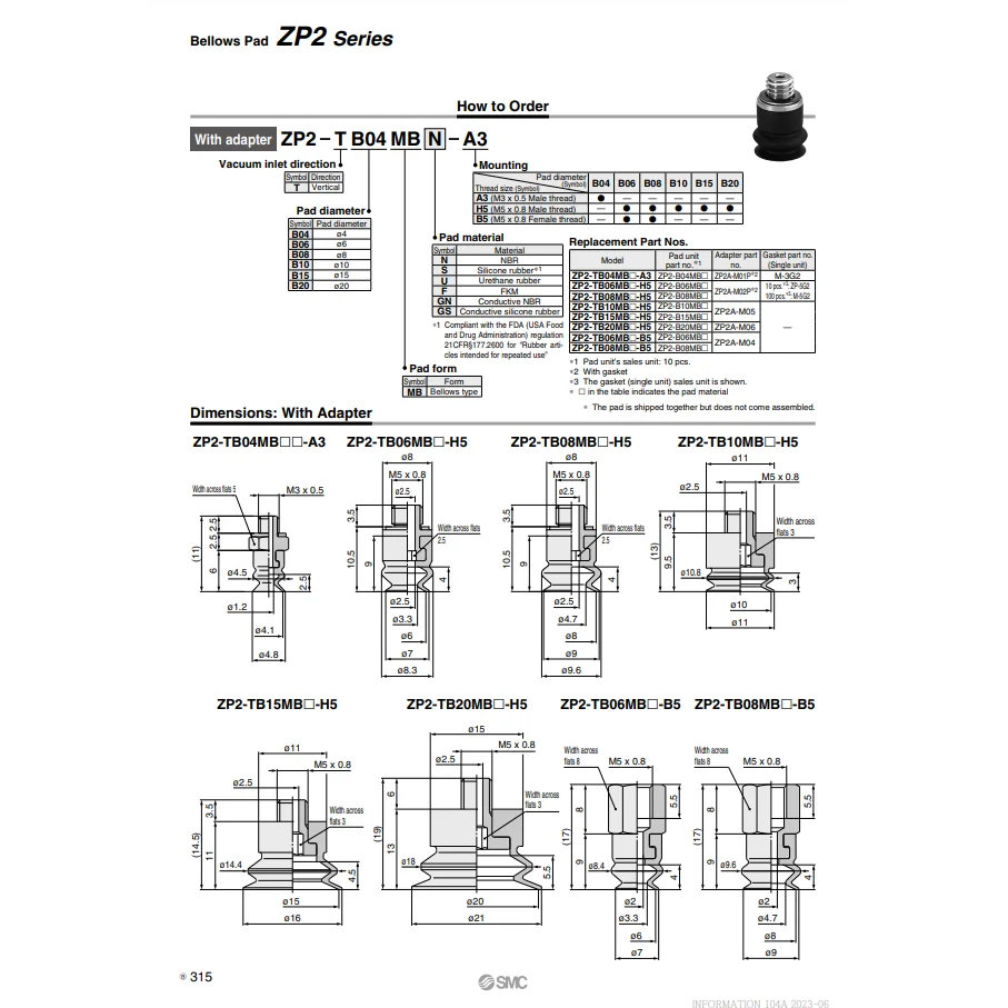 SMC Pneumatics Vacuum Pad Model ZP2-TB06MBS-B5 for Efficient Lift ...