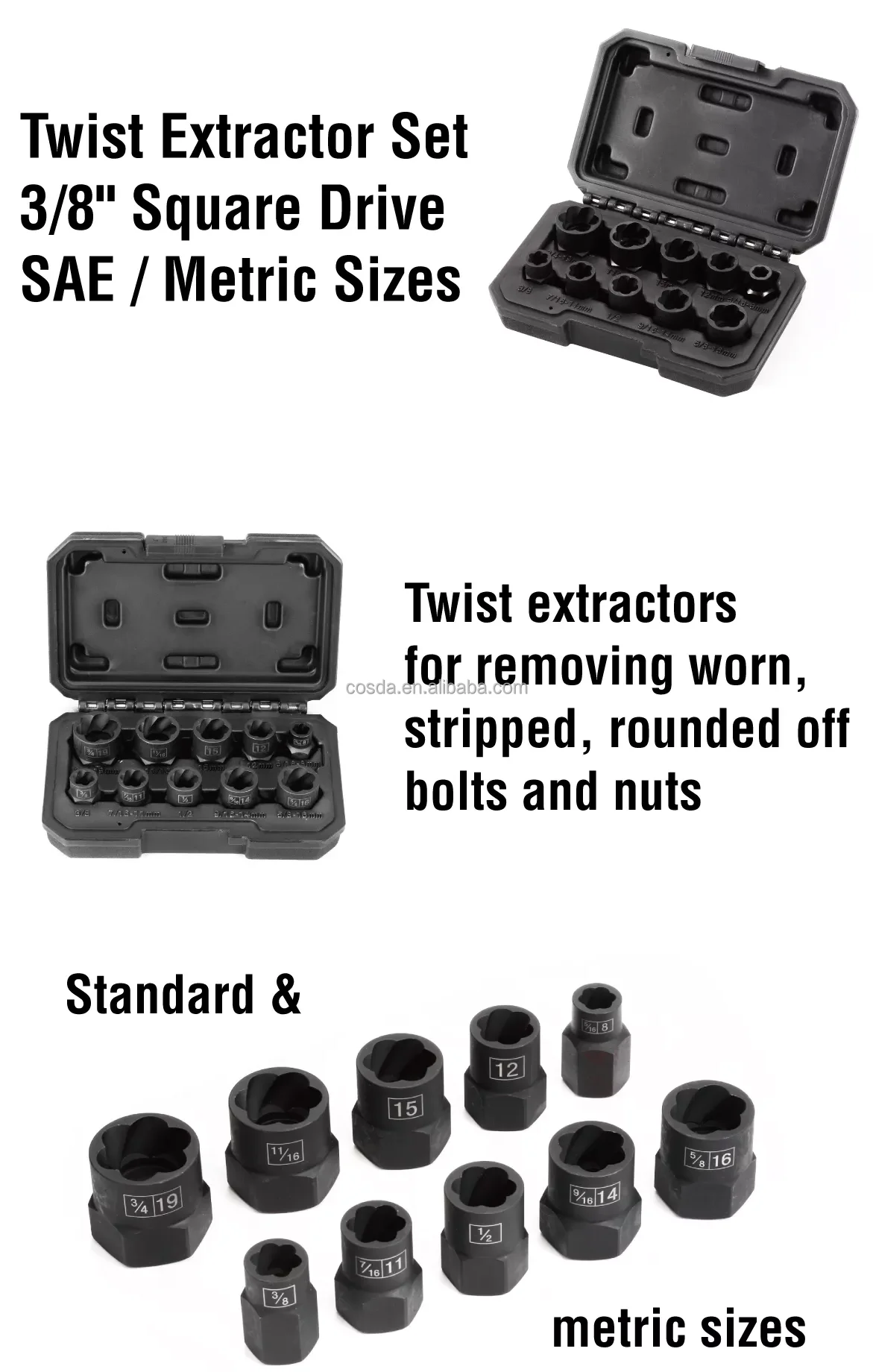 SAE Metric Sizes Twist Extractor Set 3/8" Drive Automotive Specialty ...