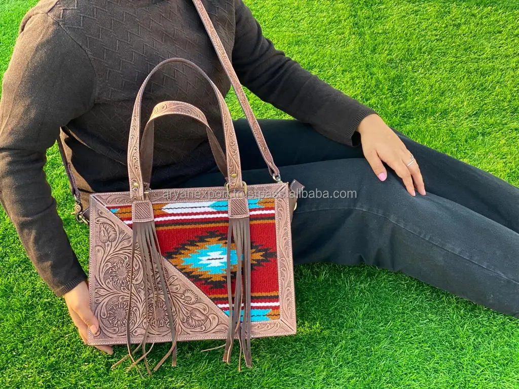 New Real Hand Tooled Aztec Leather Tassel Tote Bag Women Stylish ...