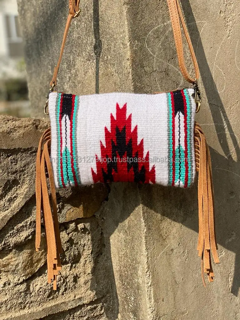 Vintage Multicolor Fringes Western Style Aztec Tooled Leather Sling Bag