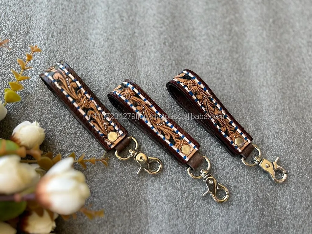 Hand Carved Tooled Leather Key Chains Embossed Floral Print Leather Key ...