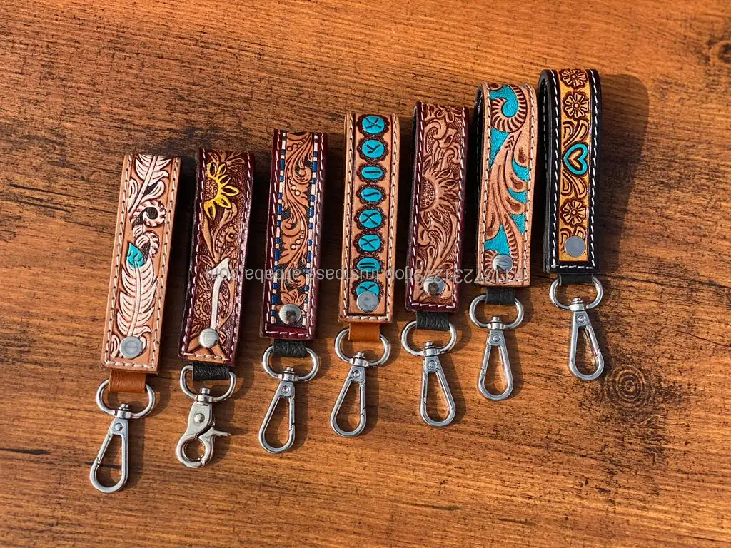 Hand Carved Tooled Leather Key Chains Embossed Floral Print Leather Key ...