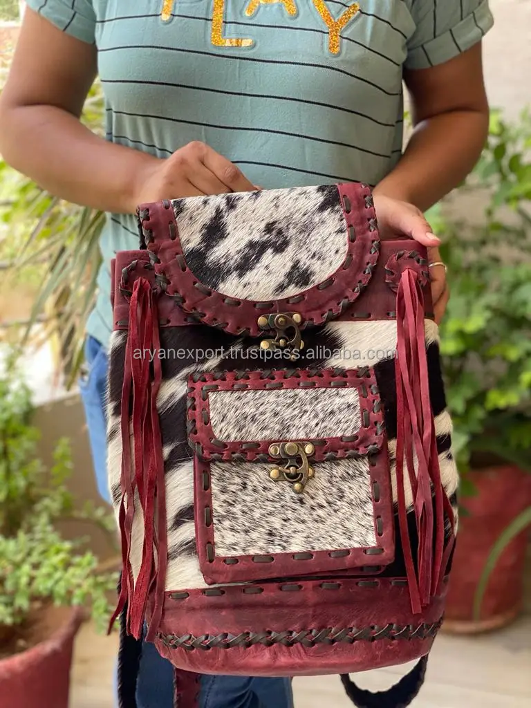 New Real Handmade Hair On Hide Fur Leather Backpacks Retro Genuine ...