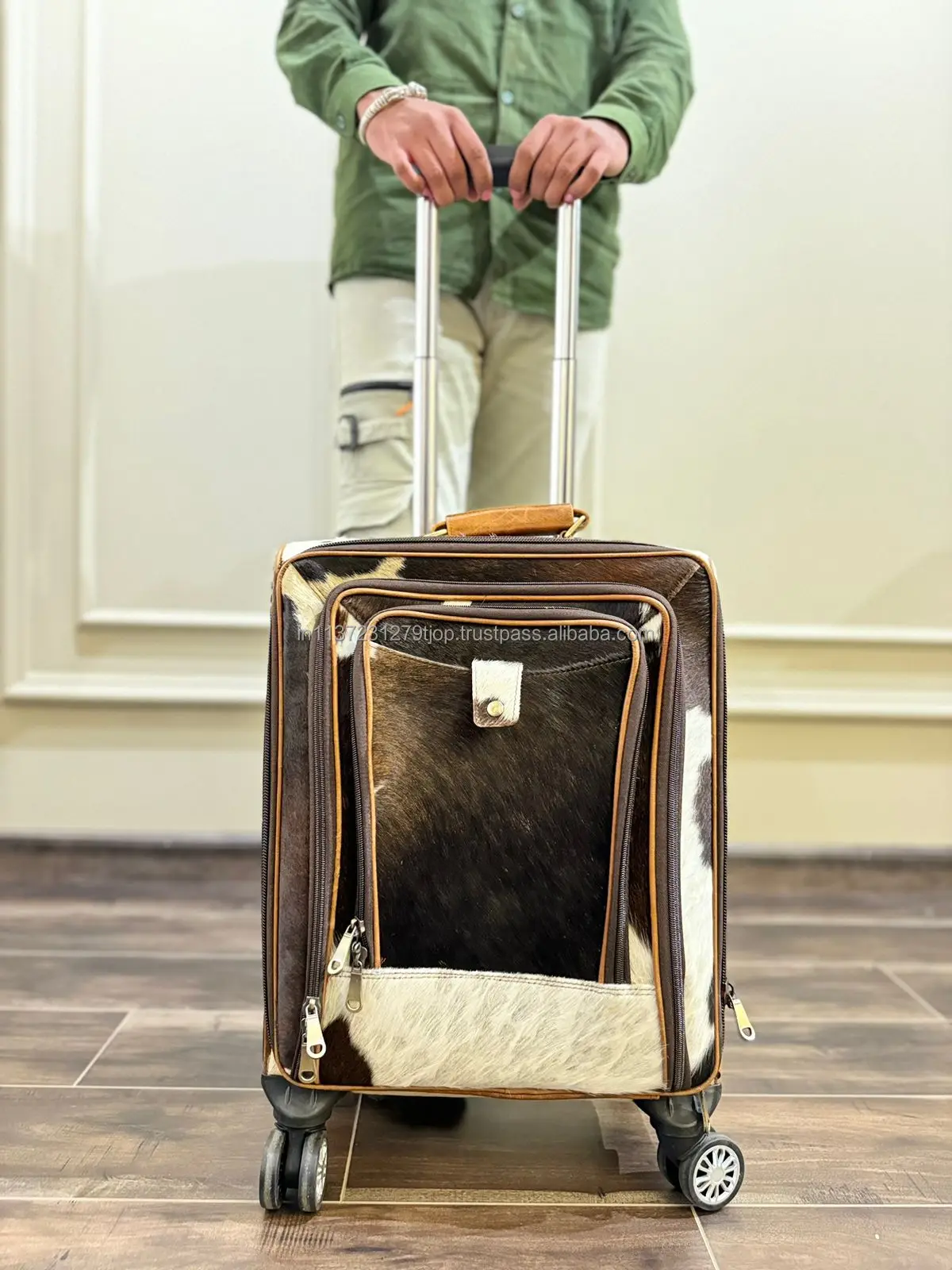 Real Handmade High Quality Cowhide Fur Leather Luggage Trolley Bag ...