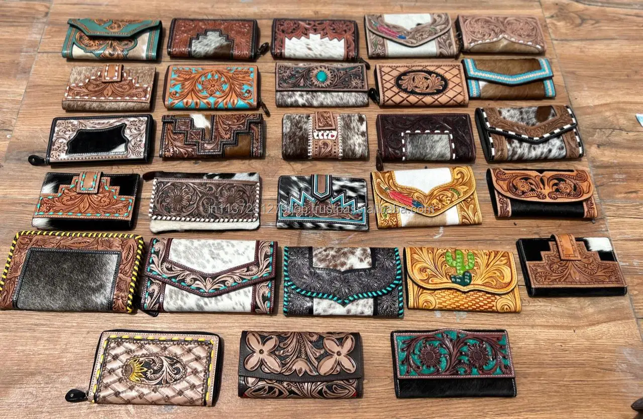 Western Style Hair On Hide Brown Tooled Fur Leather Wristlet Clutch ...