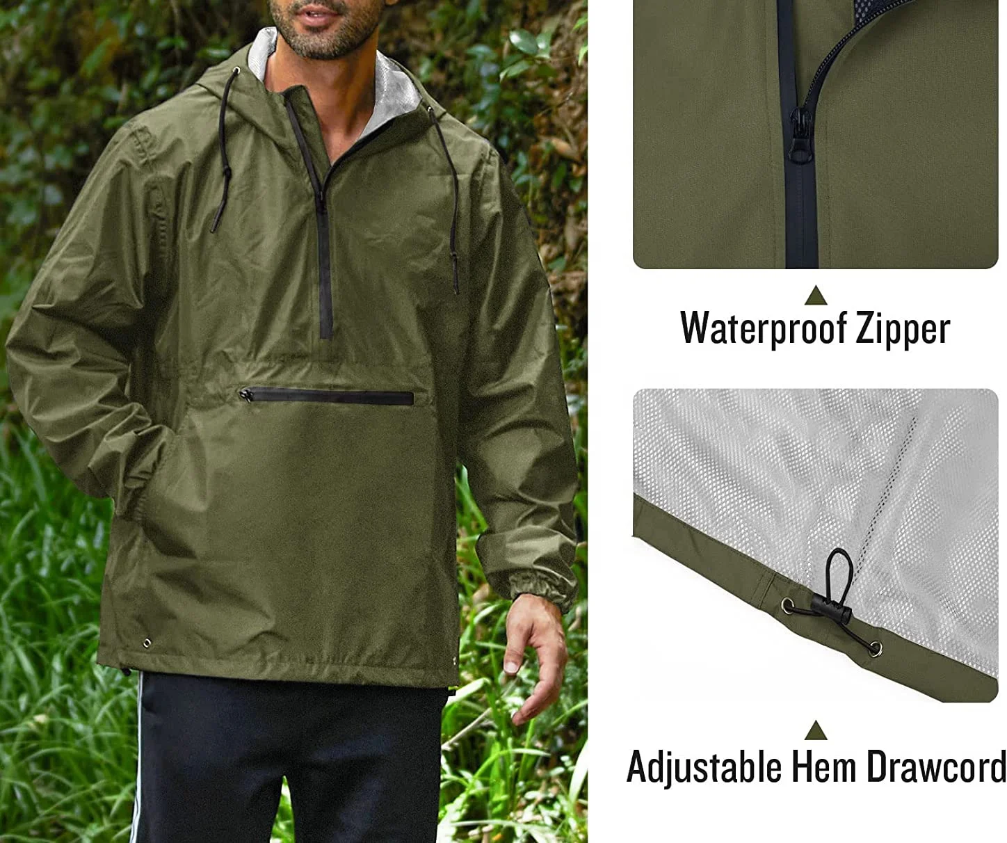 Men's Waterproof Anorak Cycling Rain Jacket Pullover Windbreaker ...