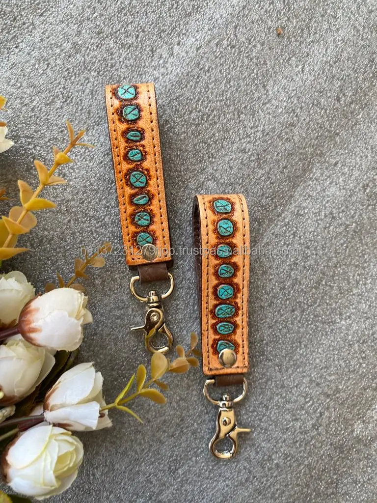 Hand Carved Tooled Leather Key Chains Embossed Floral Print Leather Key ...