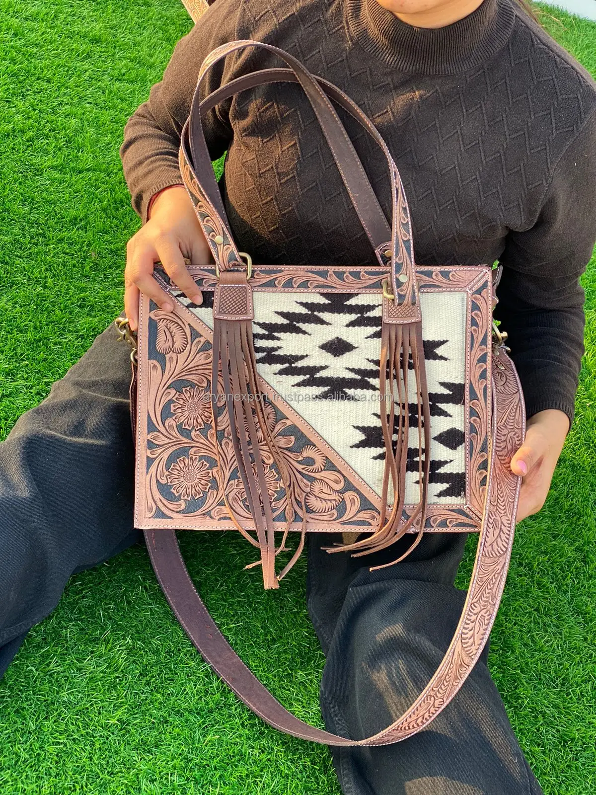New Real Hand Tooled Aztec Leather Tassel Tote Bag Women Stylish ...
