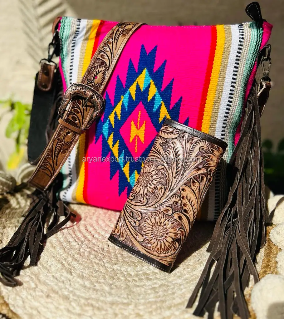 New Western Traditional Style Aztec Tooled Leather Tassel Handbag Women ...