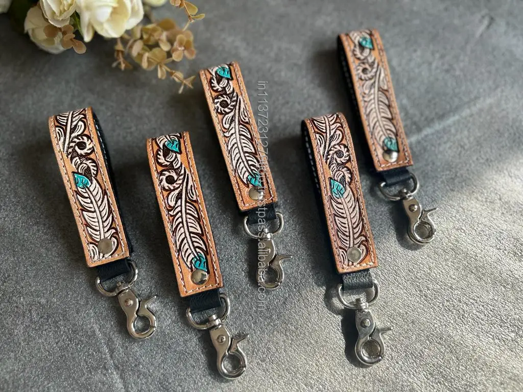 Stylish Hand Carved Tooled Leather Key Chains Embossed Floral Print ...