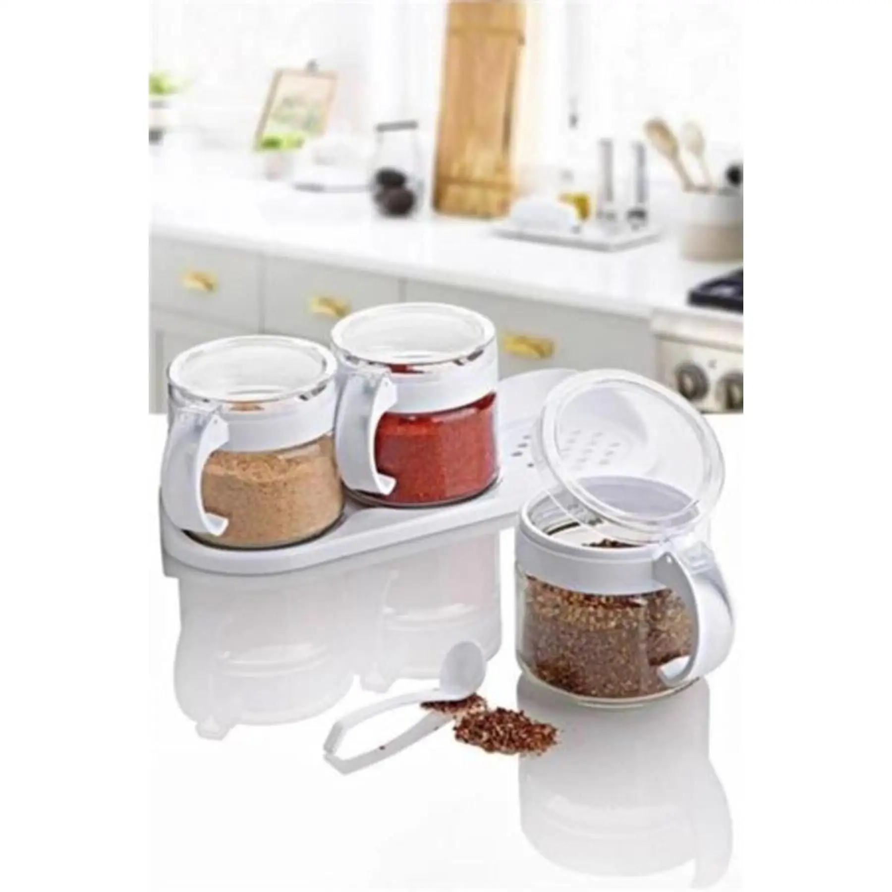 White 3-piece Stand Glass Airtight Spice Jar Set With Lid And Spoon Kc ...