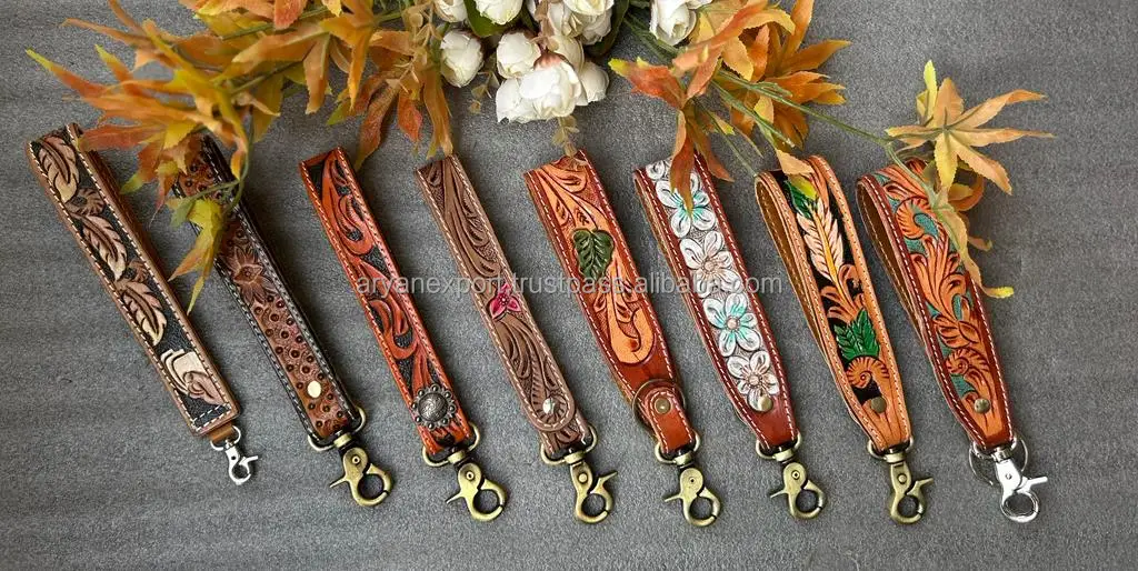 New Arrival Hand Tooled Leather Wristlet Key Fobs Embossed Floral Print ...