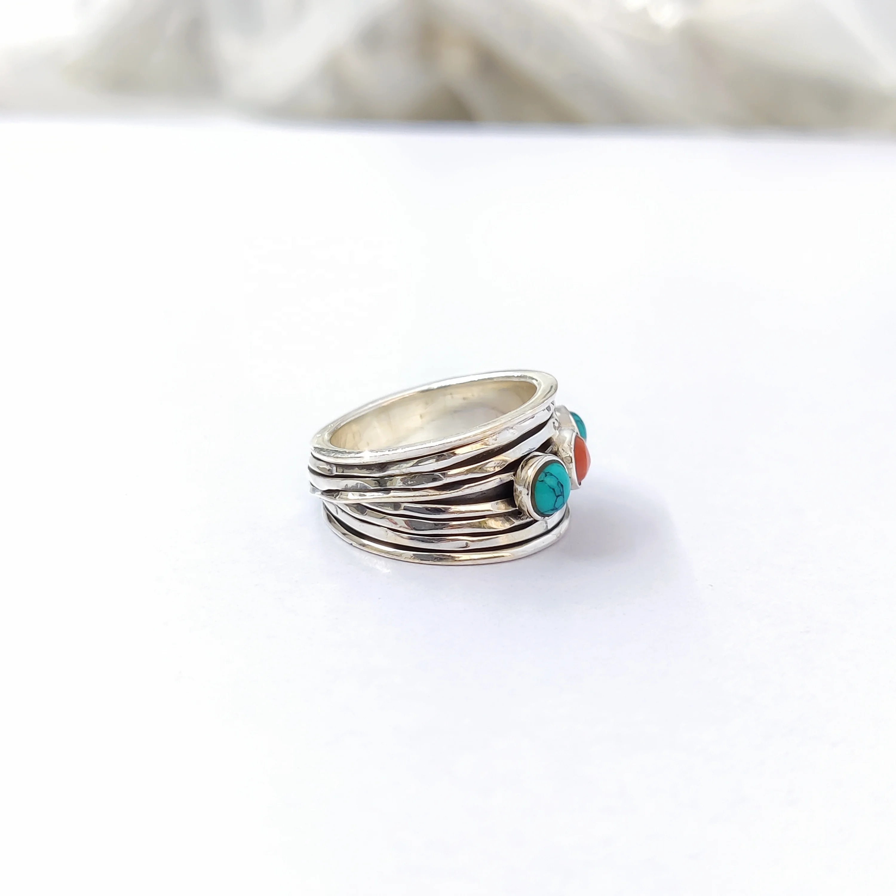 Tibetan Nepali Turquoise Coral Ring - Bohemian Silver