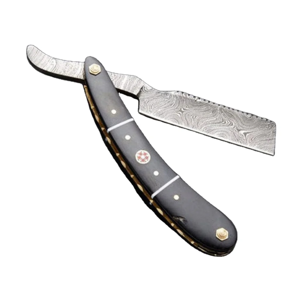 Straight Razor Black Horn Leather Sheath,Damascus Cut Throat Razor For ...