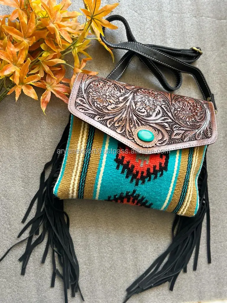 New Innovative Western Aztec Tooled Leather Bag Vintage Colorful ...