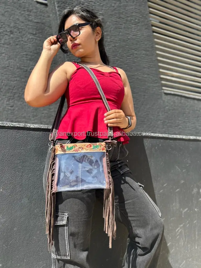 Western Fringe Transparent Clear Bag Stylish Hand Tooled Carving ...