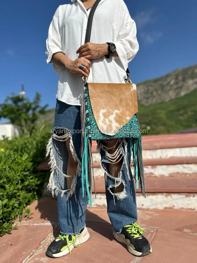 Unique Western Style Tooled Hair On Hide Fur Leather Sling Bag Women ...