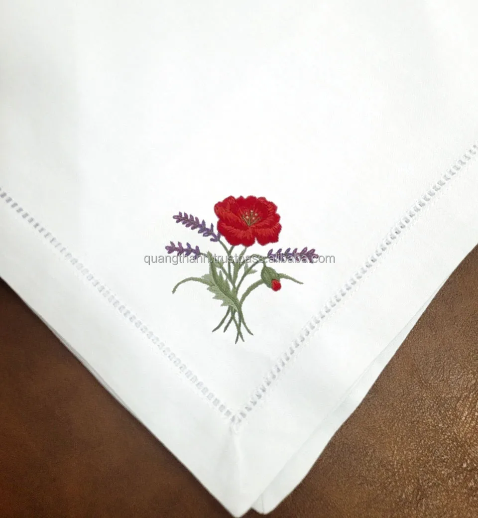 Custom Wholesale Hemstitch Table Napkin Beautiful Flower Design 100% ...