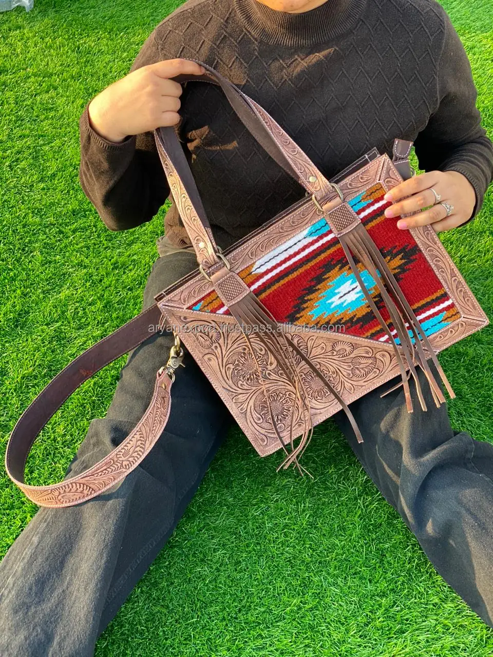 New Real Hand Tooled Aztec Leather Tassel Tote Bag Women Stylish ...