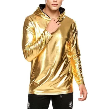 New Arrival Men's Metallic Shiny Long Sleeve Pullover Hoodie Slim Fit ...