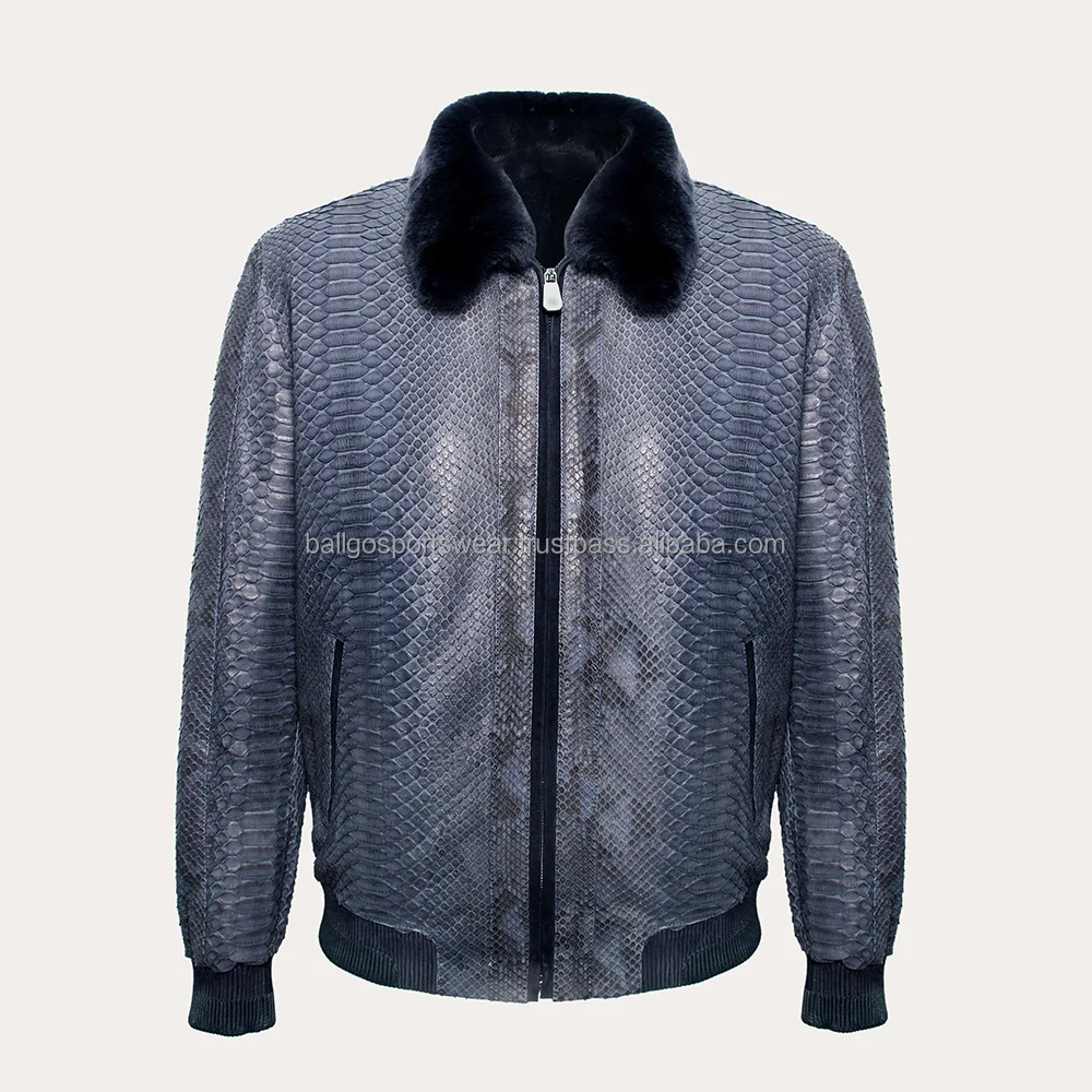 Shop Our Blue Leather Bomber Jacket - Python Embossed Style