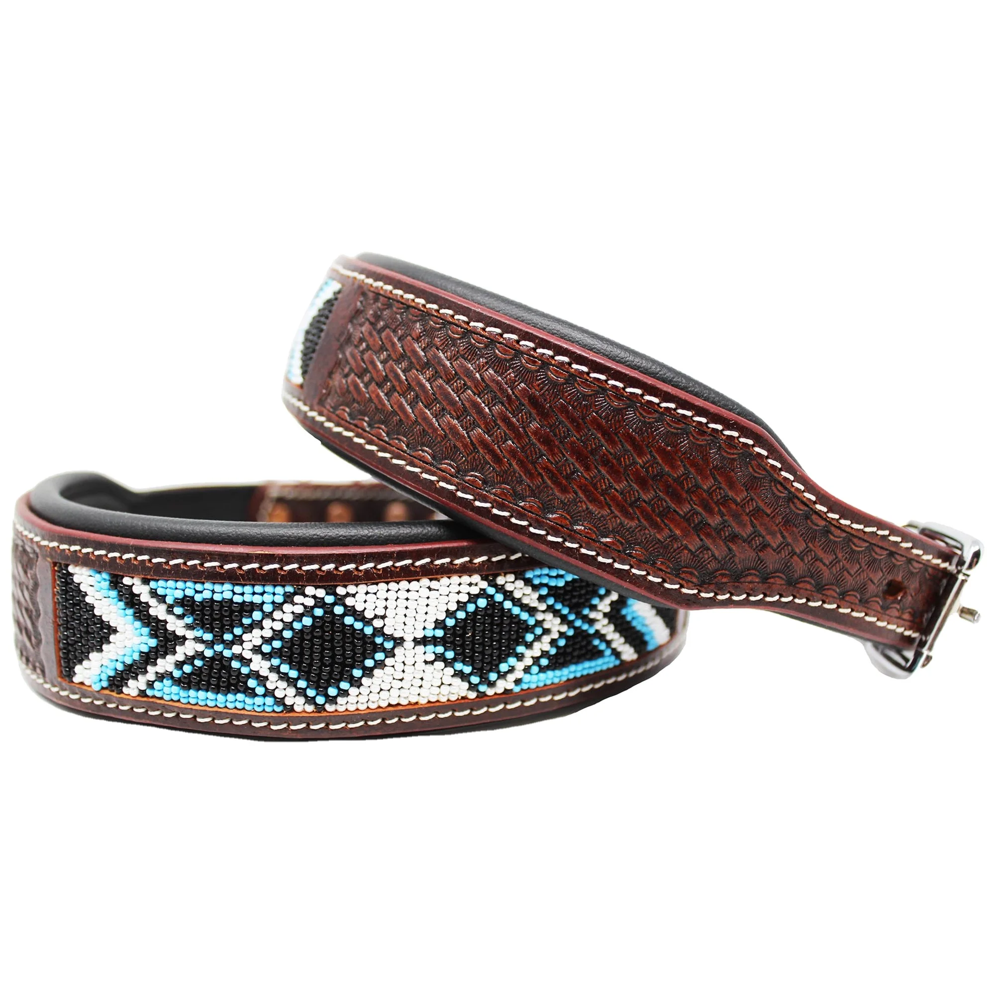 Rodeo Style Genuine Cow Leather Soft Padded Colorful Beaded Dog Collar ...