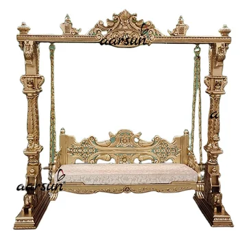 Wooden Indoor Royal Carved Swing In Teak Wood With Golden Finish By ...