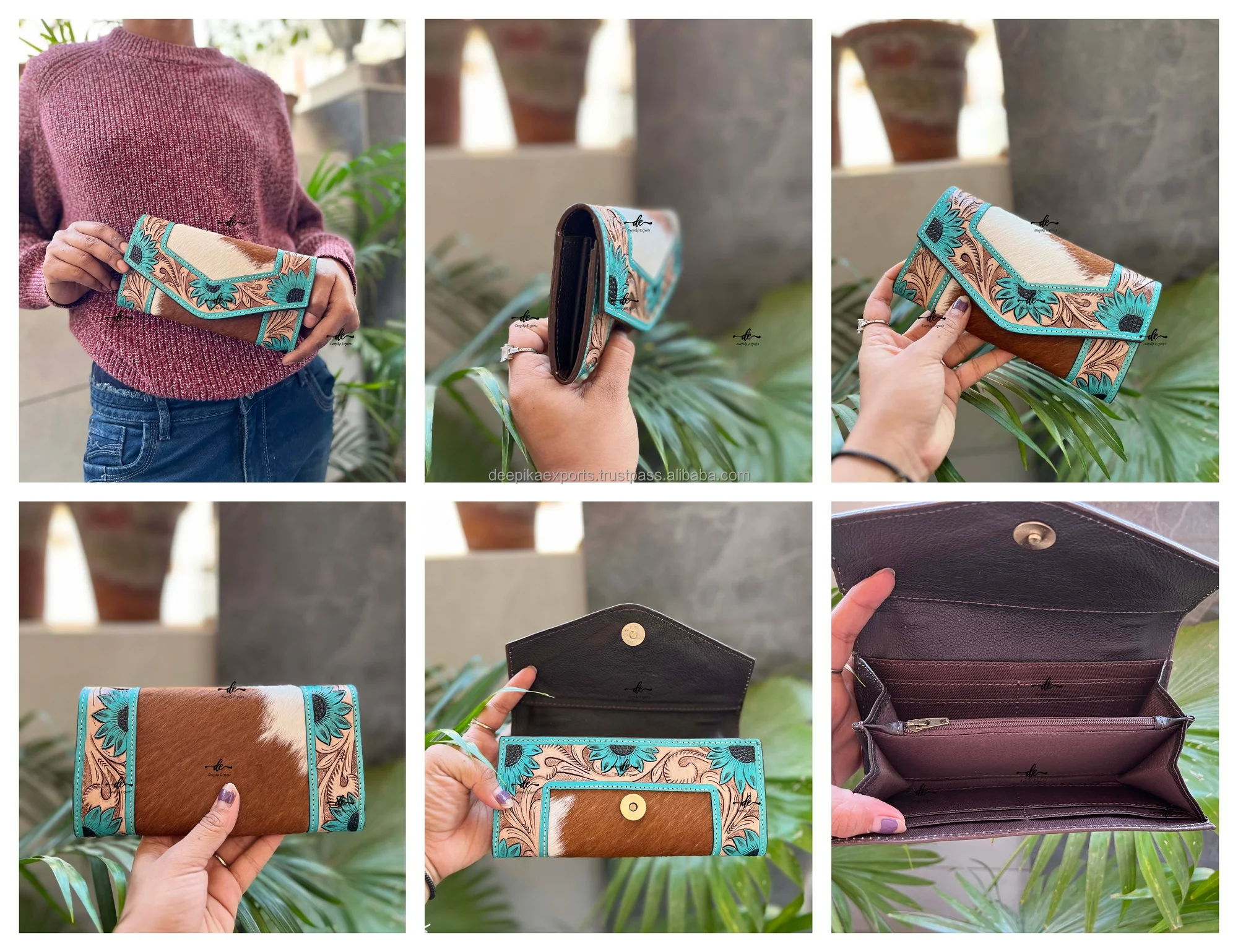 New Design Hand Tooled Carving Wallet Clutch Stylish Genuine Leather Cowhide Fur Wallet Multi ...