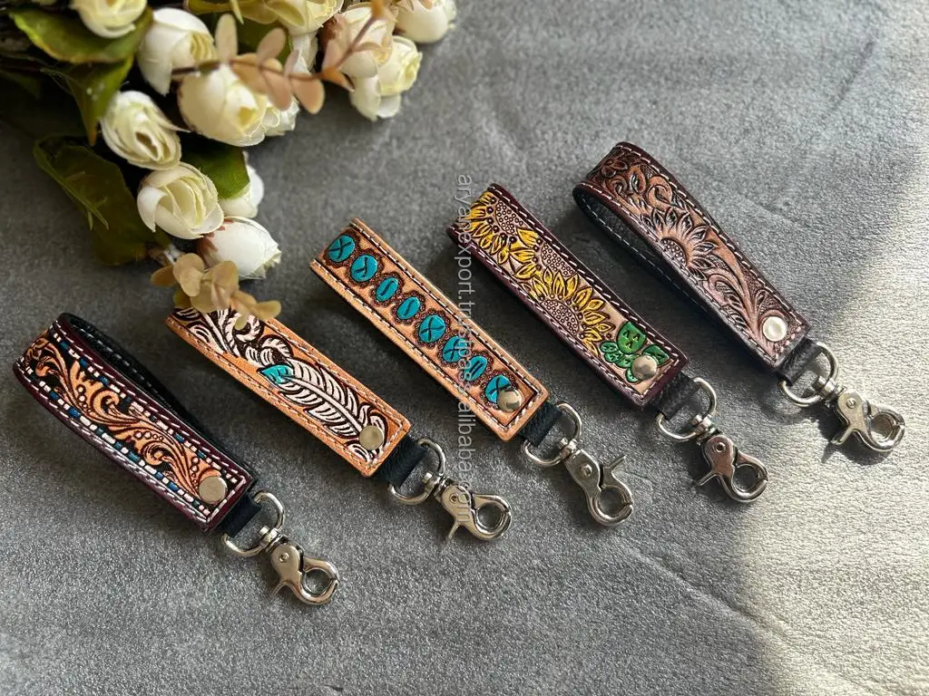 Hand Carved Tooled Leather Key Chains Embossed Floral Print Leather Key ...