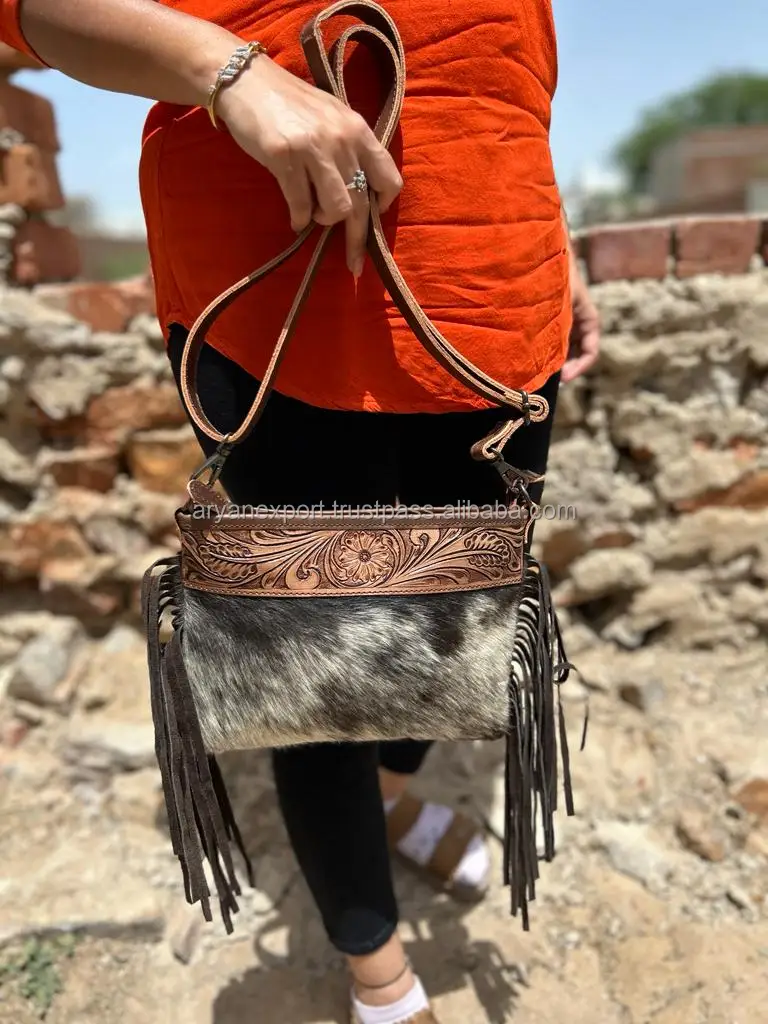 Hand Tooled Hair On Hide Fur Leather Fringe Handbag Stylish Women ...