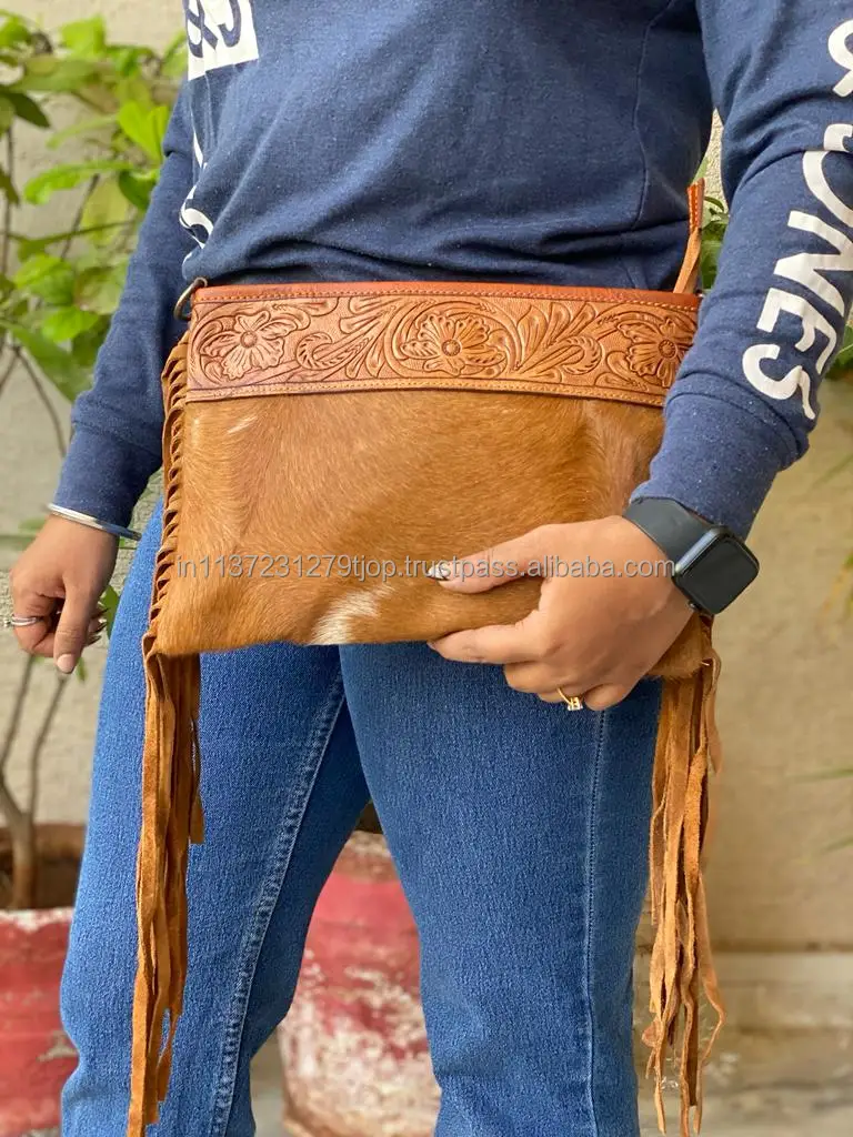 Fashion Hand Tooled Hair On Hide Fur Leather Fringe Handbag Stylish ...