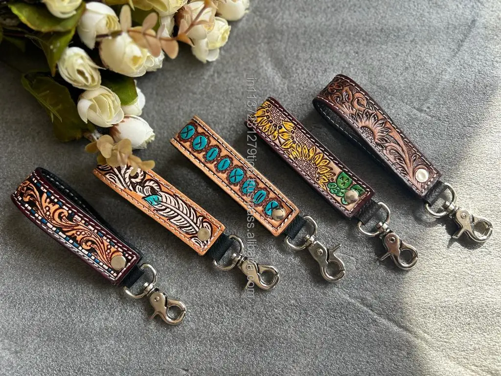 Hand Carved Tooled Leather Key Chains Embossed Floral Print Leather Key ...
