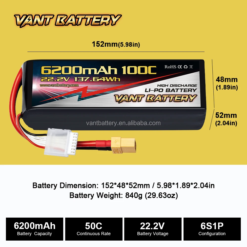 VANT FPV Drone Battery - 6S 22.2V 6200mah 100C Power
