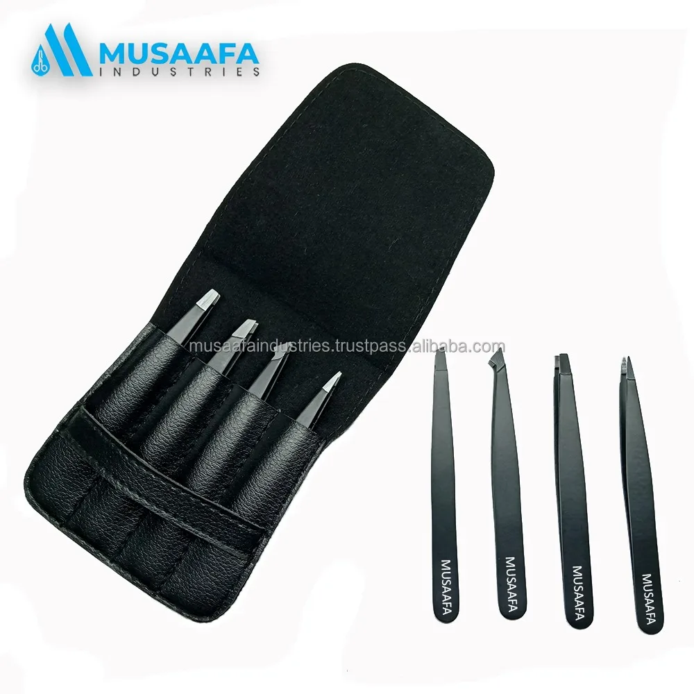 4 Pcs Tweezers Set Black Color With Pu Leather Case Stainless Steel ...