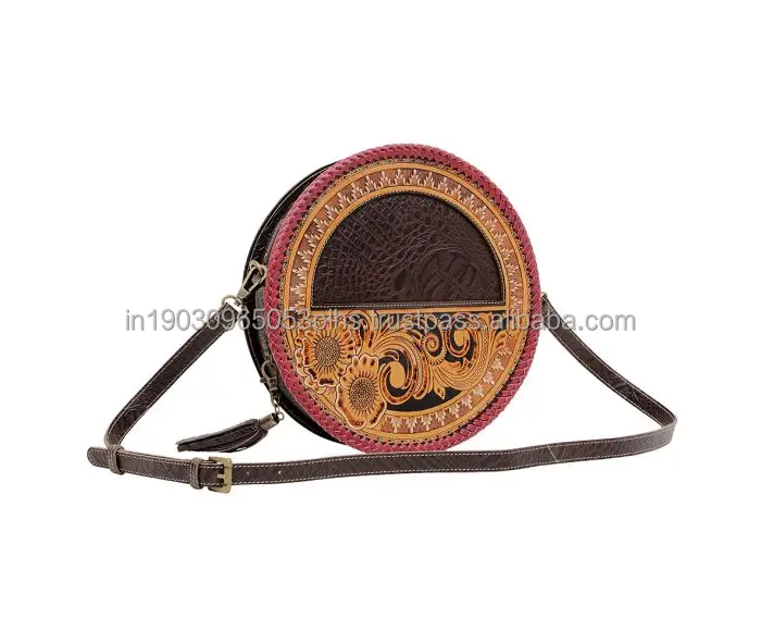 Top Indian Seller Hand Tooled Round Bag Western Floral Tooled Cowhide ...