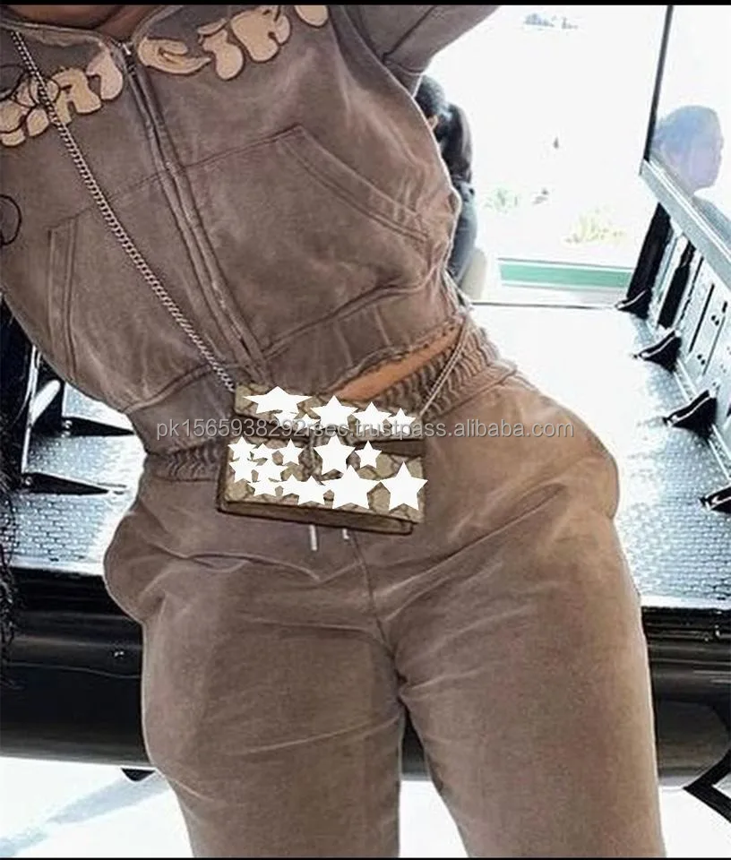 Custom Sun Faded Cropped Zip Up Tracksuits Women Cotton Acid Wash ...